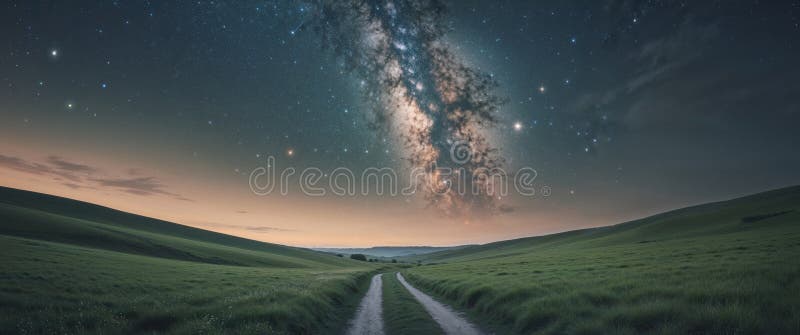 Milky Way Galaxy Over Rolling Green Hills and Dirt Path Stock Photo ...