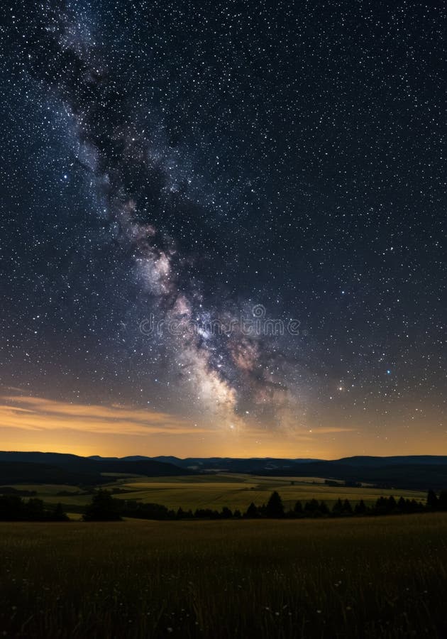 Milky Way Galaxy Over Serene Summer Field at Night Stock Illustration ...