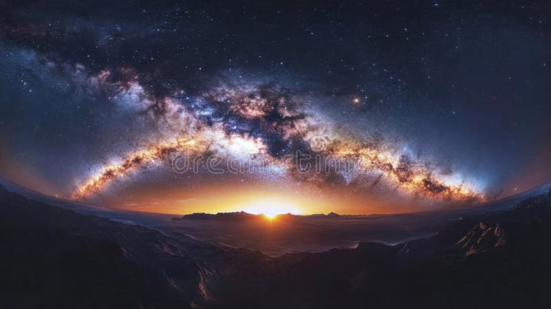 Milky Way Galaxy Over Volcanic Landscape at Sunset Stock Illustration ...