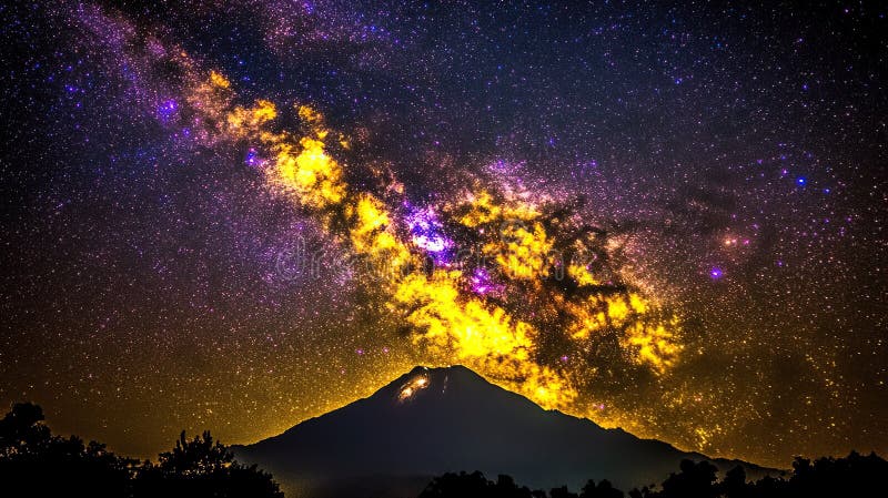 Milky Way Galaxy Over Volcano at Night, Astrophotography Stock Photo ...