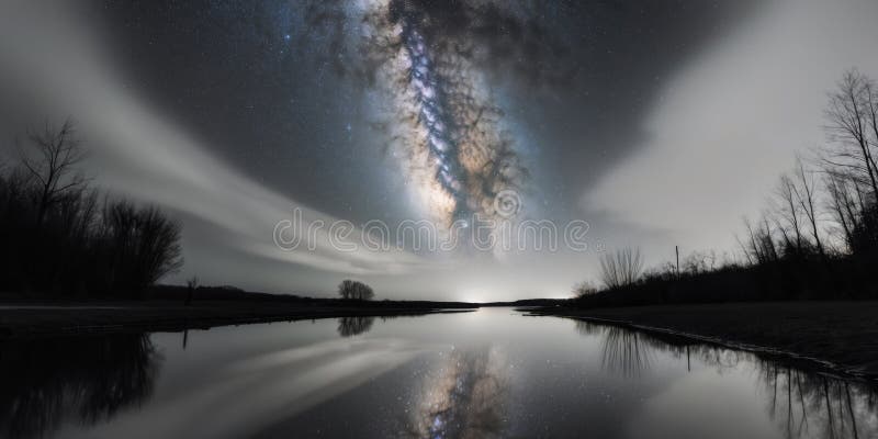 Milky Way Galaxy Reflecting in a Still Stream at Night. Stock Photo ...