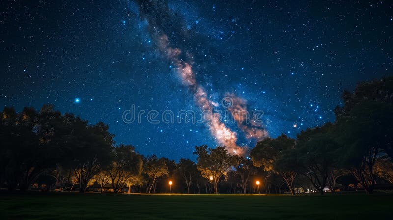 Milky Way Galaxy Rises Over Trees at Night Stock Illustration ...