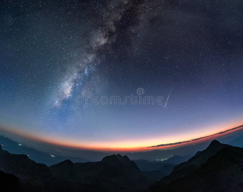 Milky Way Galaxy with Shooting Star at Twilight Sunset Stock Image ...
