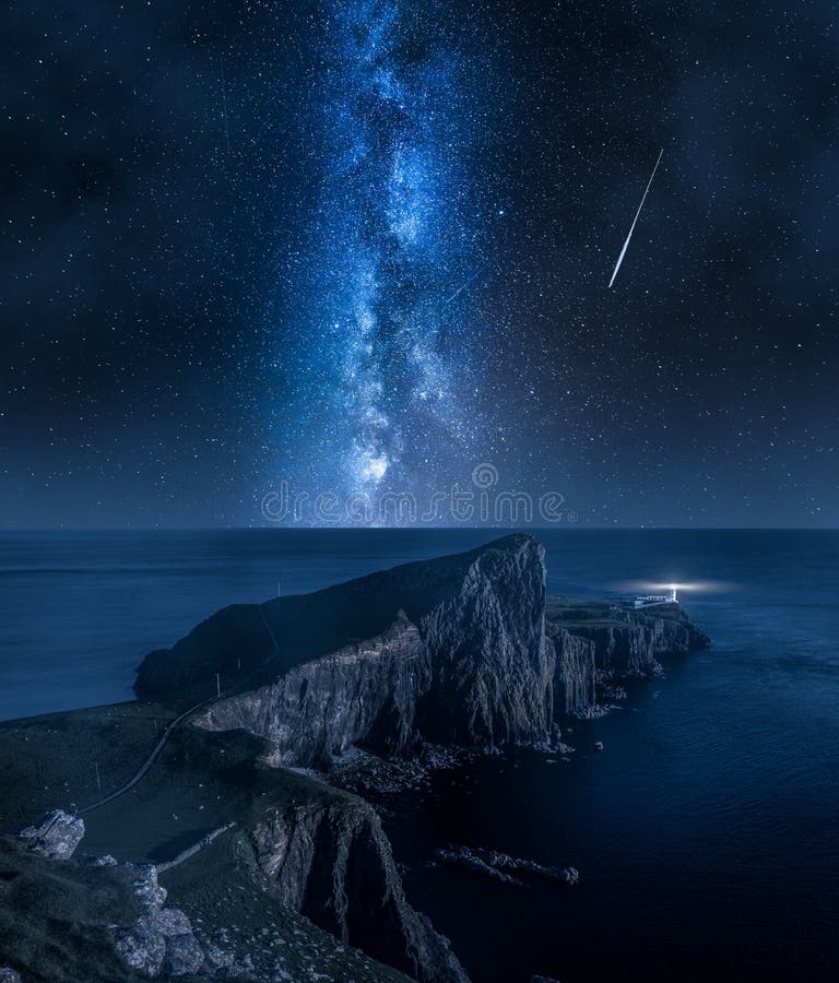 Neist Point Lighthouse And Stars In Isle Of Skye, Scotland Stock Photo ... Neist Point Lighthouse And Stars In Isle Of Skye, Scotland Stock Photo ...
