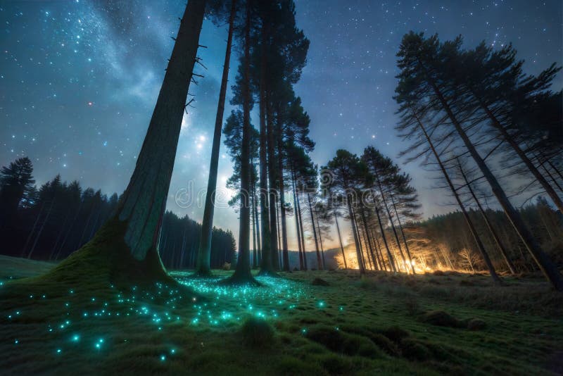 Milky Way Over Firefly Forest Stock Illustration - Illustration of ...