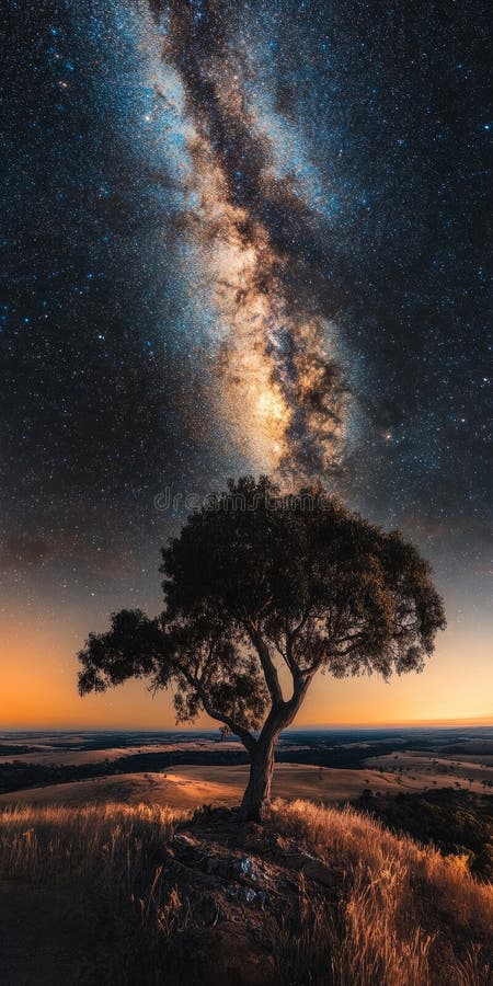 Milky Way Over a Hilltop Tree at Sunrise Stock Illustration ...