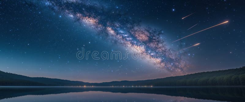 Milky Way Over Lake at Night with Shooting Stars. Stock Image - Image ...