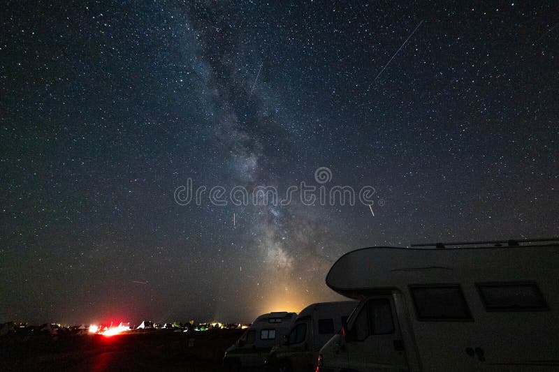 Milky Way Over Overnight Parked Vans Stock Photo - Image of campervans ...