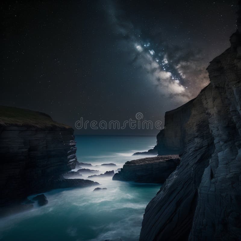 Milky Way Over the Rocks in the Sea with Starry Sky Stock Illustration ...