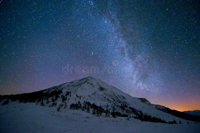 Milky Way Over the Snowy Peaks of the Mountains Stock Image - Image of ...