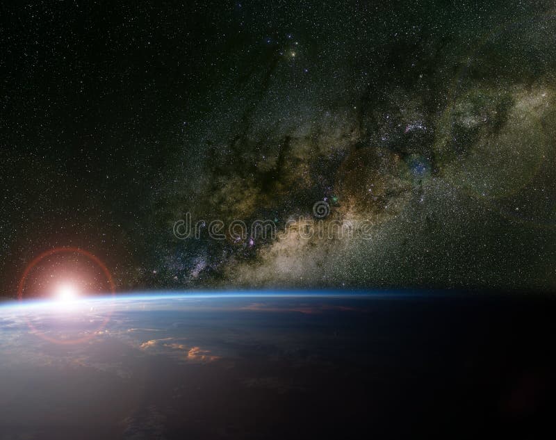 The Milky Way and the Setting Sun from Low Earth Orbit Stock Photo ...
