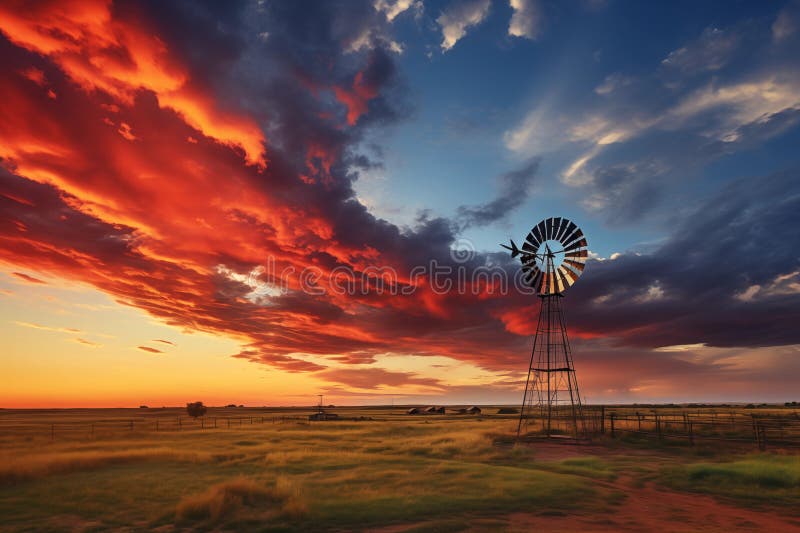 Mill in the Field at Sunset Ai Photo Stock Illustration - Illustration ...