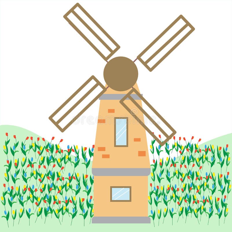 Mill, Field of Tulips and Spring Mood, Vector Flat Illustration Stock ...