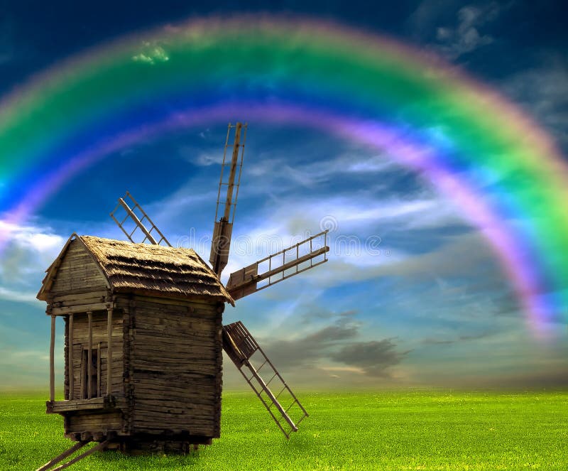 Mill old rainbow in field stock photo. Image of outside - 46398070