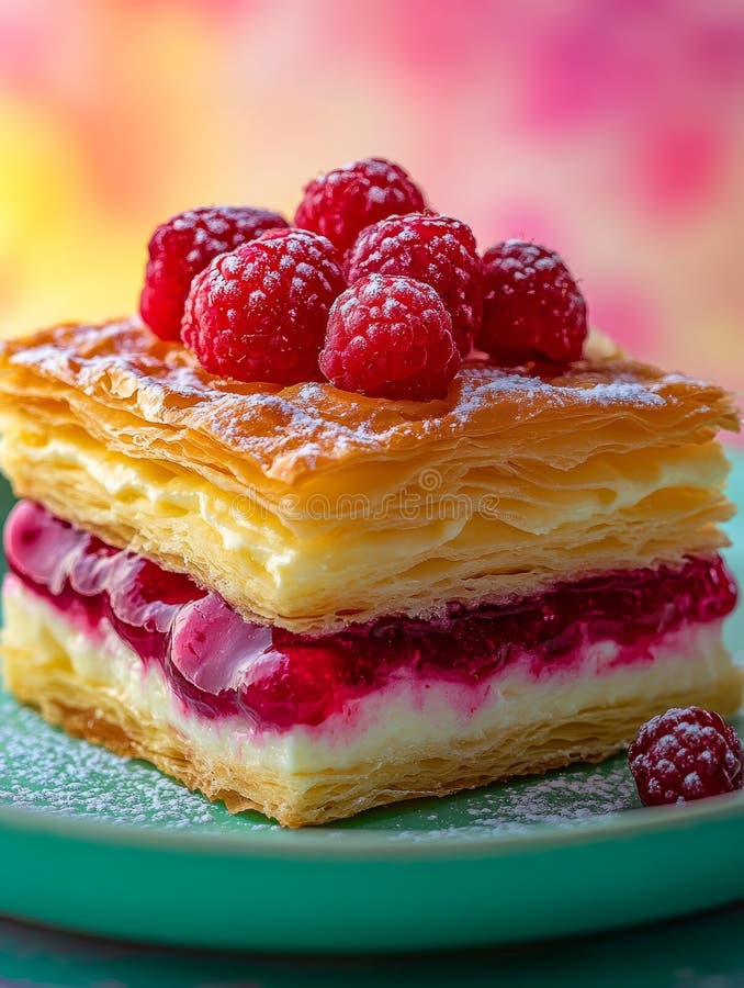 Mille-feuille with Raspberries on a Green Plate. Stock Photo - Image of ...