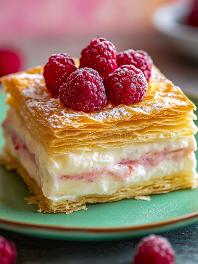 Mille-feuille with Raspberries on a Plate Stock Photo - Image of plate ...