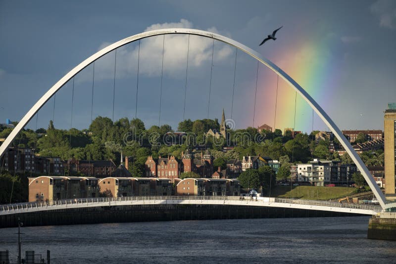 Millenium Bridge Gateshead with Rainbow Editorial Stock Photo - Image ...
