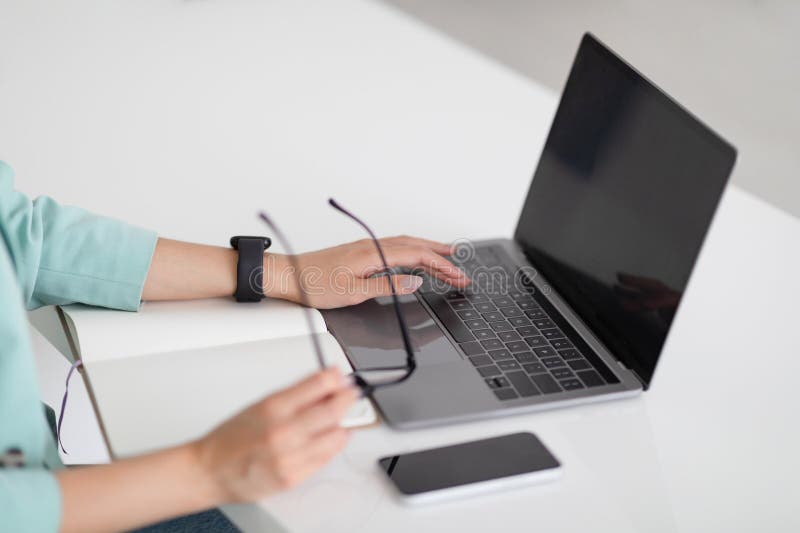 Millennial Caucasian Woman Boss in Suit Typing on Computer with Empty ...