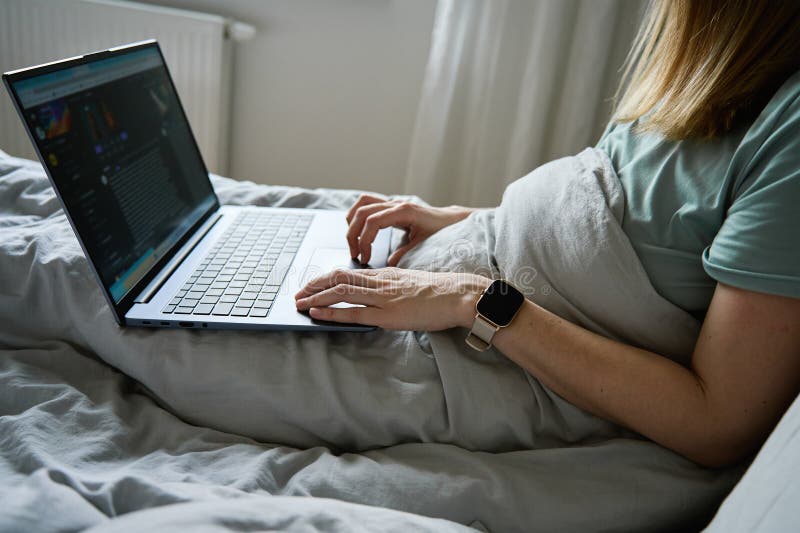 Woman Lying in Bed and Using Laptop Stock Image - Image of office ...