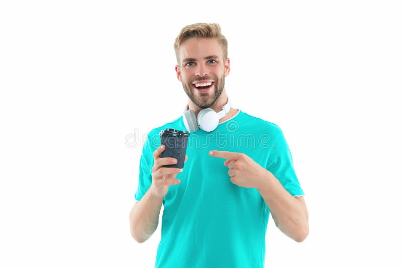 Millennial Guy with Coffee in Studio, Pointing Finger. Photo of ...