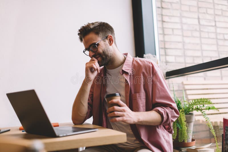 Millennial Male Freelancer Reading Browsed Content Text of Network ...
