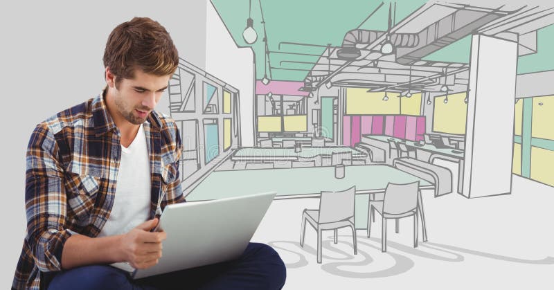 Millennial Man at Computer Against Hand Drawn Office Stock Image ...