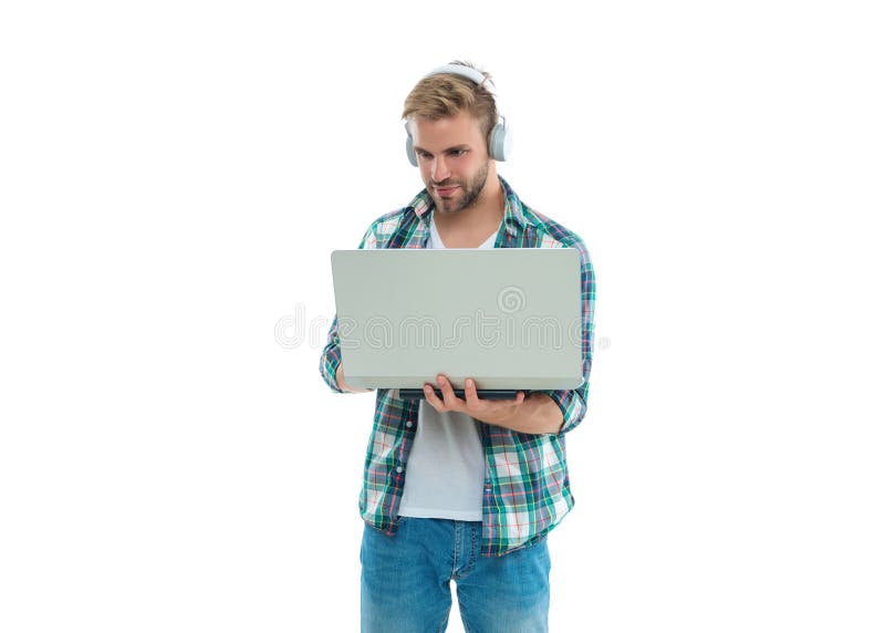 Millennial Man Freelancer Isolated on White, Elearning. Millennial Man ...