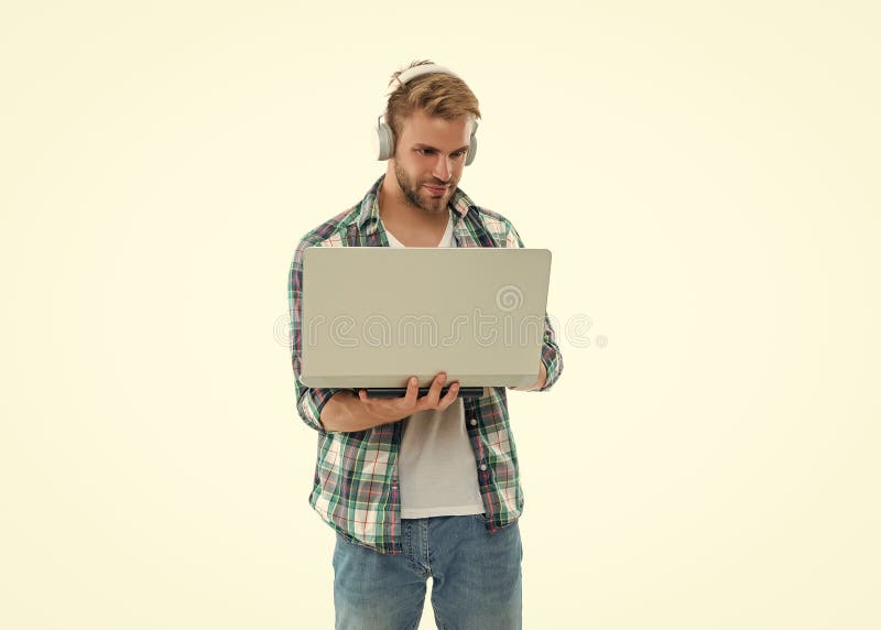 Millennial Man Freelancer Isolated on White, Elearning. Millennial Man ...