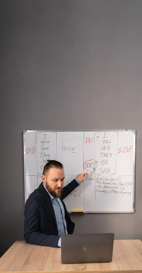 Portrait of Friendly Man Writing on Blackboard English Rules. Education ...