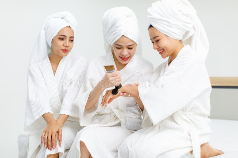 Millennial Three Asian Female Customers Friends In White Clean