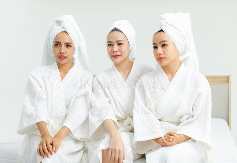 Millennial Three Asian Female Customers Friends In White Clean