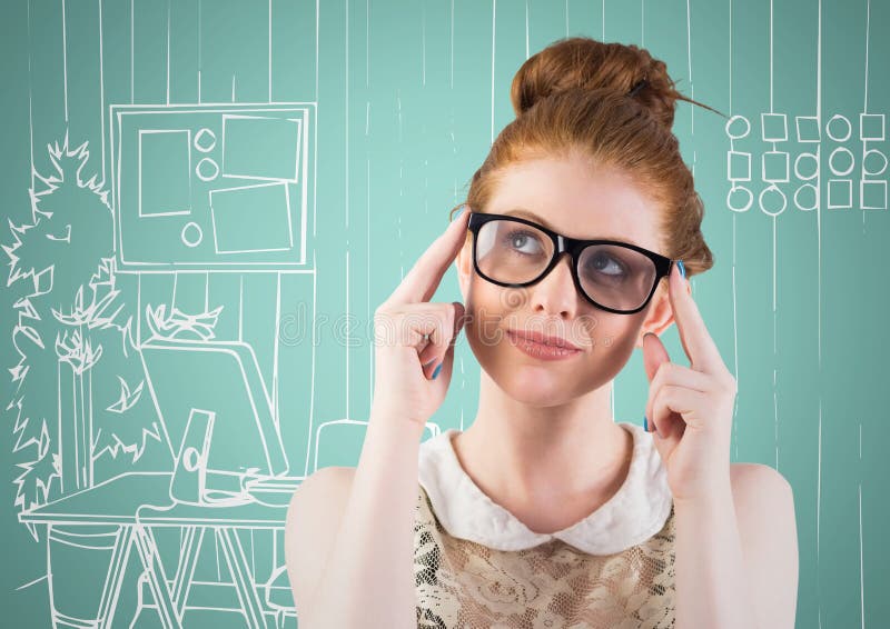 Millennial Woman Thinking Against Aqua and White Hand Drawn Office ...