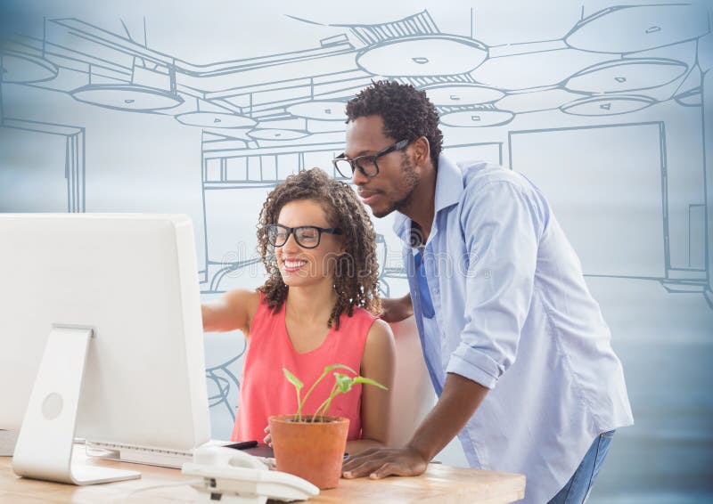 Millennials at Computer Against Blue Hand Drawn Office Stock Image ...