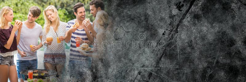 Millennials Laughing and Eating at Bbq Grey Grunge Transition Stock ...