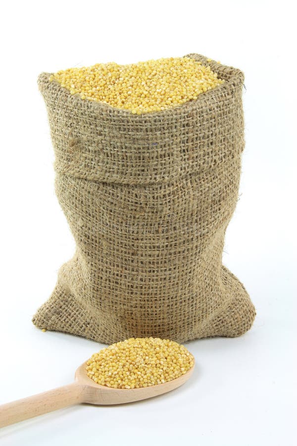 Millet Grains in Burlap Bag and Over Wooden Spoon. Stock Image - Image ...