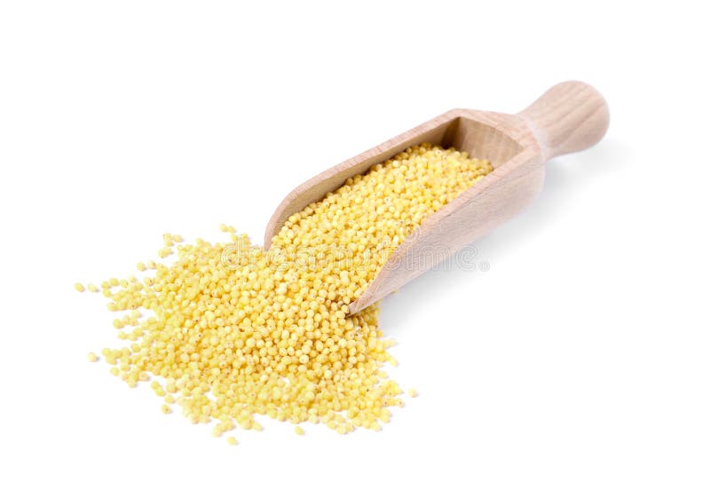 Millet Groats in Wooden Scoop Isolated on White Stock Photo - Image of ...