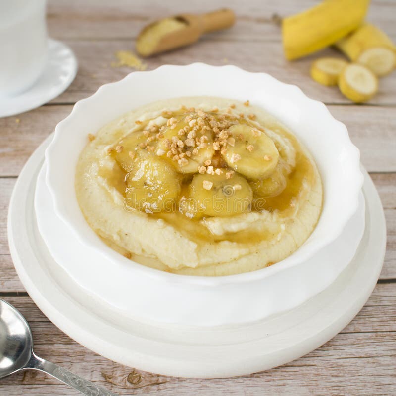 Millet Pudding with Caramelized Bananas and Nuts. Stock Image - Image ...