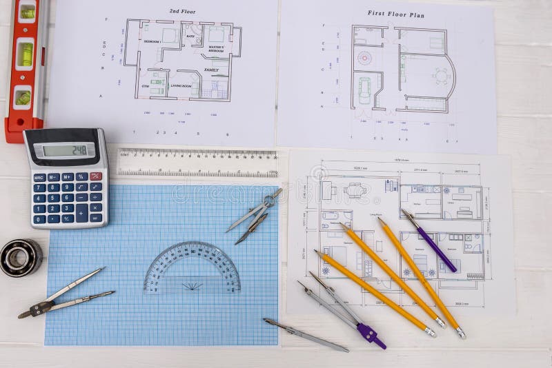 Millimeter Paper with Drawing Tools and House Plan Stock Image - Image ...