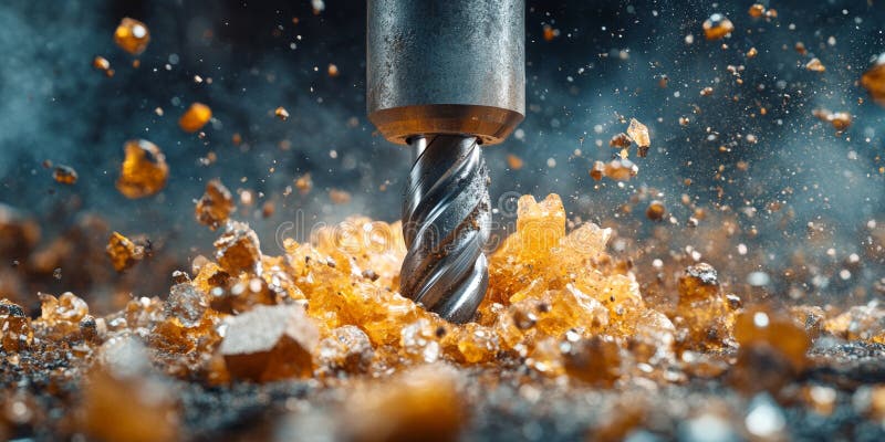 Milling Machine Drilling into Mineral Gemstone Creating Dust and Debris ...