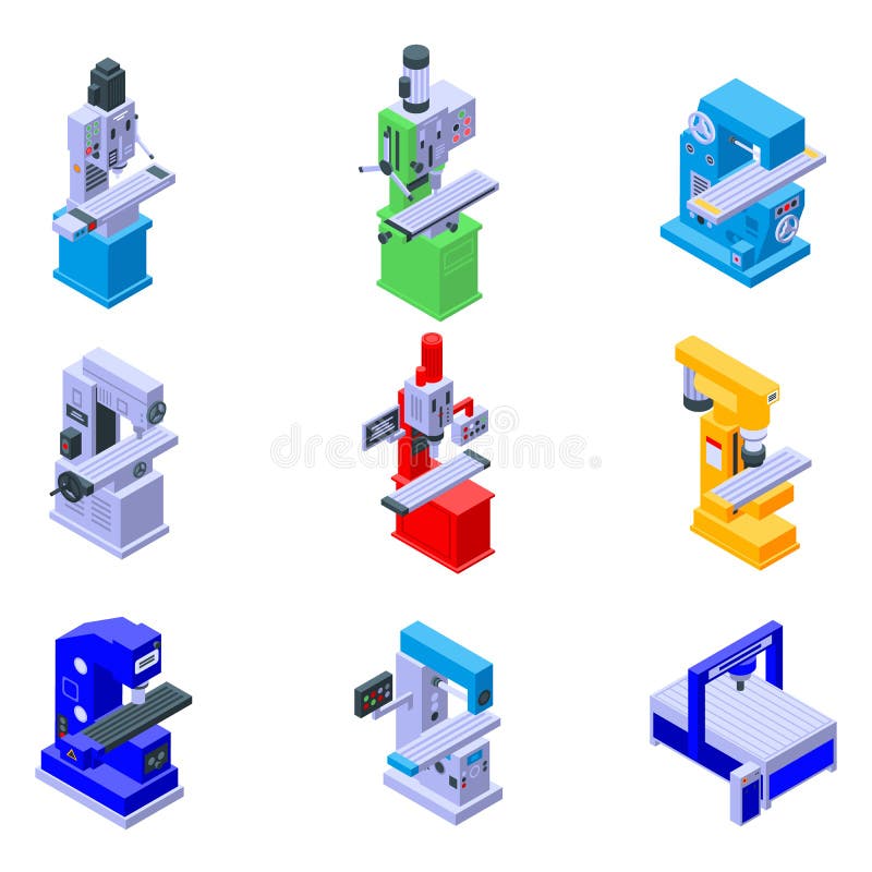 Milling Machine Icons Set, Isometric Style Stock Vector - Illustration ...