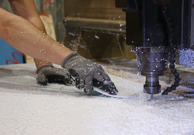 Milling Machine, Plastic Sheet and Operator`s Hands in Gloves Stock ...