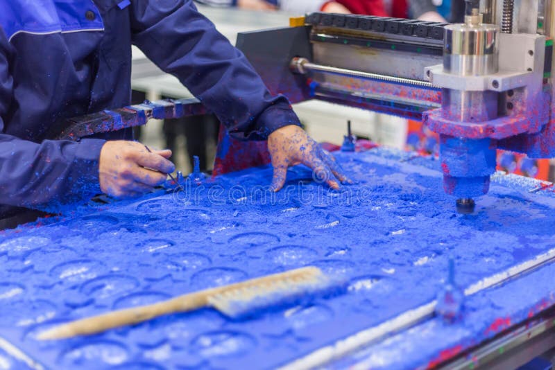 Milling Machine during Work with Blue Plastic Material at Technology ...