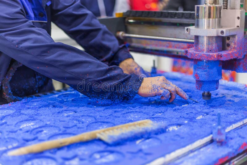 Milling Machine during Work with Blue Plastic Material at Technology ...