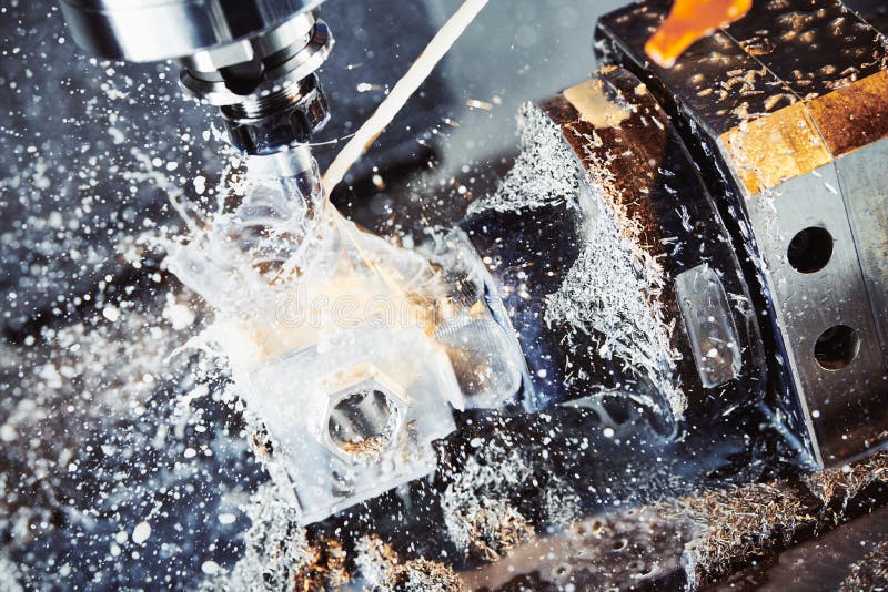 A Process Of Industrial Wet Milling In 5 Axis Cnc Machine With Coolant