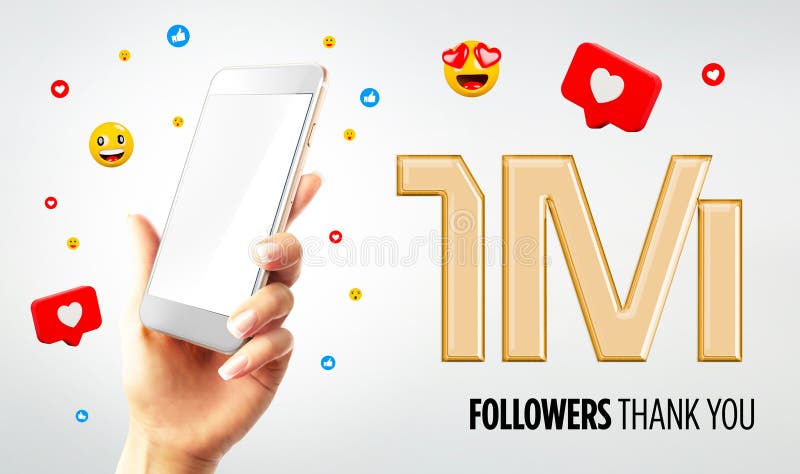 1 Million Followers Celebration. Hand Holding Mobile Smartphone with ... 1 Million Followers Celebration. Hand Holding Mobile Smartphone with ...