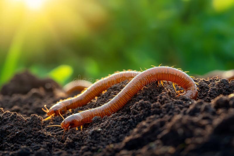 Millipedes Crawl through Damp Soil in a Lush Green Environment during ...