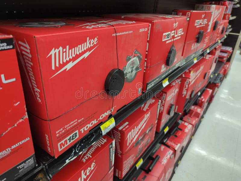 Milwaukee Brand Power Tools Boxes on Shelf with Security Tags Editorial ...