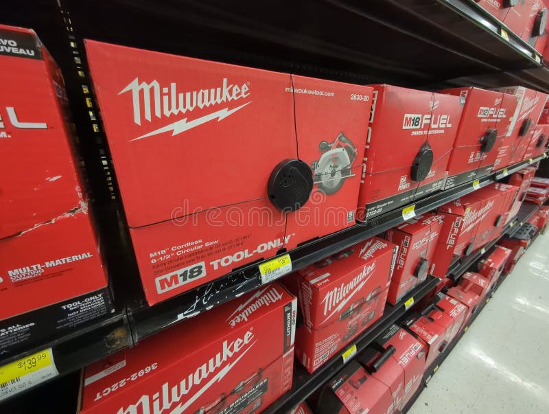 Milwaukee Brand Power Tools Boxes on Shelf with Security Tags Editorial ...