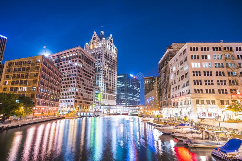 Milwaukee Skyline at Night with Reflection in Lake Michigan. Stock ...