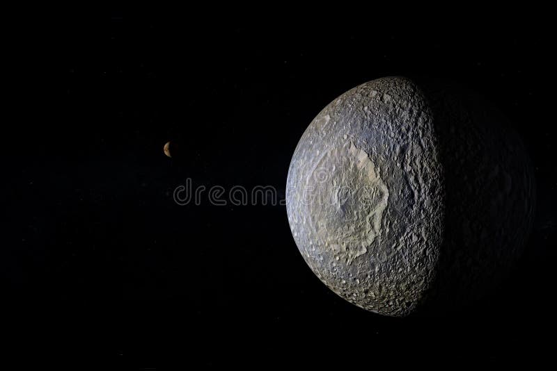 Mimas Satellite, Saturn`s Moon, Orbiting in the Outer Space. 3d Render ...